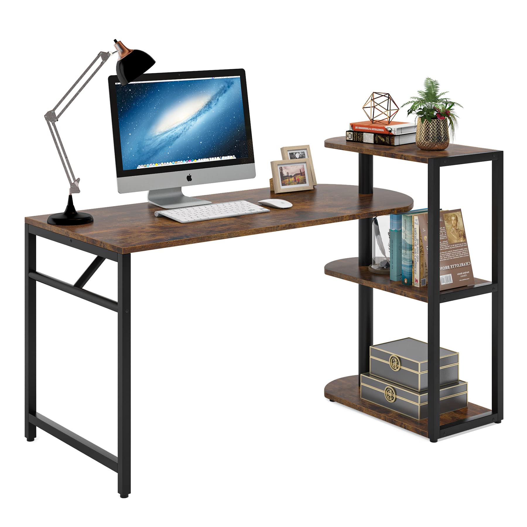 Tribesigns Rotating Desk, Industrial l Shaped Computer Desk with Storage Shelf, Reversible Rustic Office Desk Great for Home Office (Rustic)