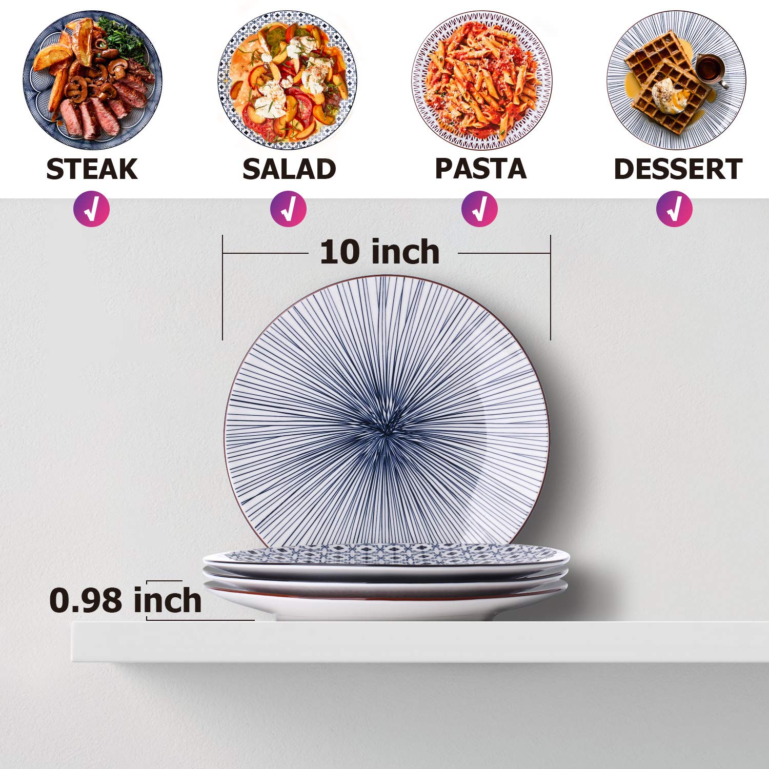 Y YHY 10β Ceramic Plates, Porcelain Dinner Plates Set of 4 for Salad, Pasta, Appetizer, Dessert - 4 Pattern for Thanksgiving & Christmas, Dishwasher & Microwave Safe