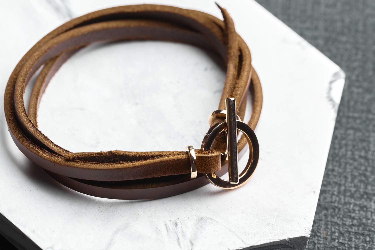 Rose gold Leather Bracelet for woman Leather Wrap Bracelet with Toggle Clasp and genuine leather handmade bracelet (Brown)