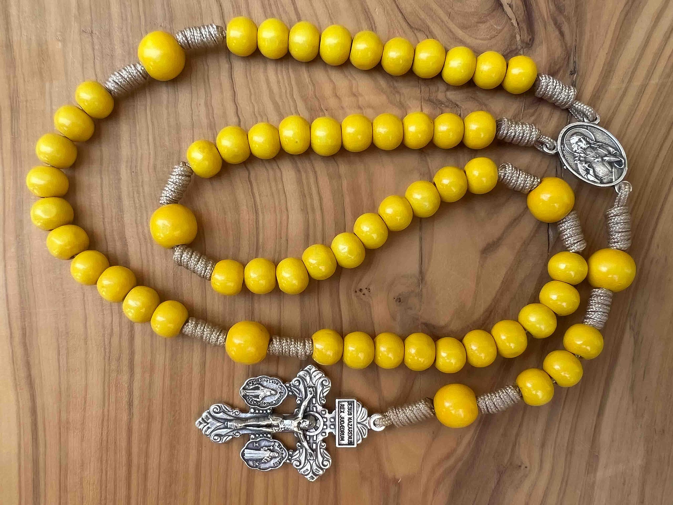 Yellow Wooden Prayer Beads Rosary With Pardon Crucifix Pendant Immaculate Heart Of Mary