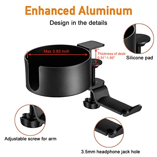 Venti Desk Mug Holder, MEEKAKEE 2 in 1 Desk Cup Holder with Headphone Hanger, Anti-Spill Desk Storage Cup, Easy to Install, Sturdy, Durable, Enough to Hold Big Coffee Mugs (Black)