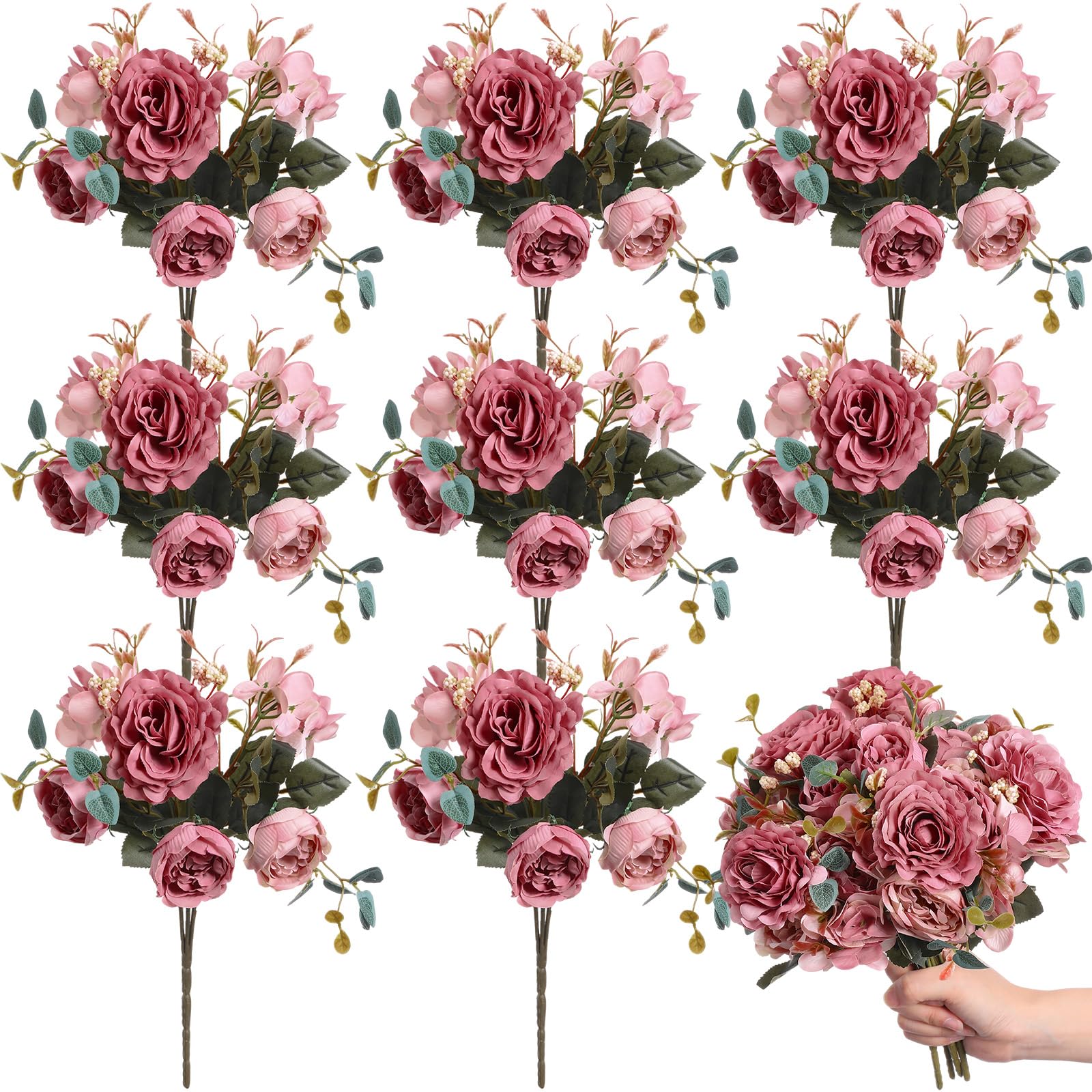 Yunsailing 8 Packs Artificial Peony Flowers Faux Flowers Silk Hydrangea Bouquet Vintage Wedding Home Table Decor Reusable Bouquet of Rose Flowers for Mother's Day Wedding Birthday(Dark Pink, Elegant)