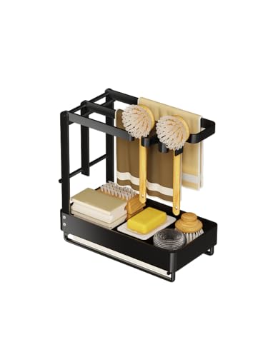 Triflice 4-in-1 Sink Caddy, Foldable Kitchen Sink Organizer with Drain Pan Tray, 2 Ways Install Rustproof Movable Sponge Holder - Dish Brush Holder, Sponge Holder for Kitchen Sink (Cup Not Included)