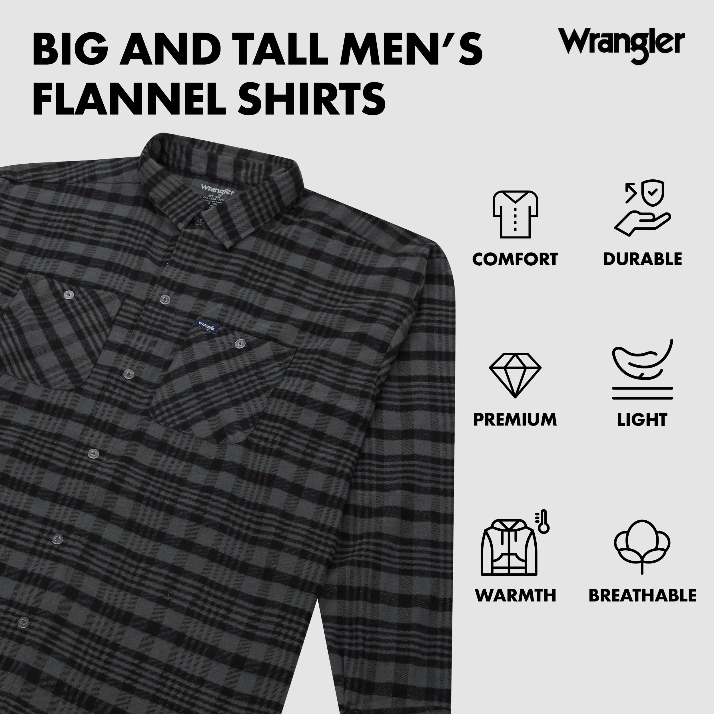 Wrangler Big and Tall Flannel Shirt for Men – Mens Button Down Plaid Shirt Charcoal/Black
