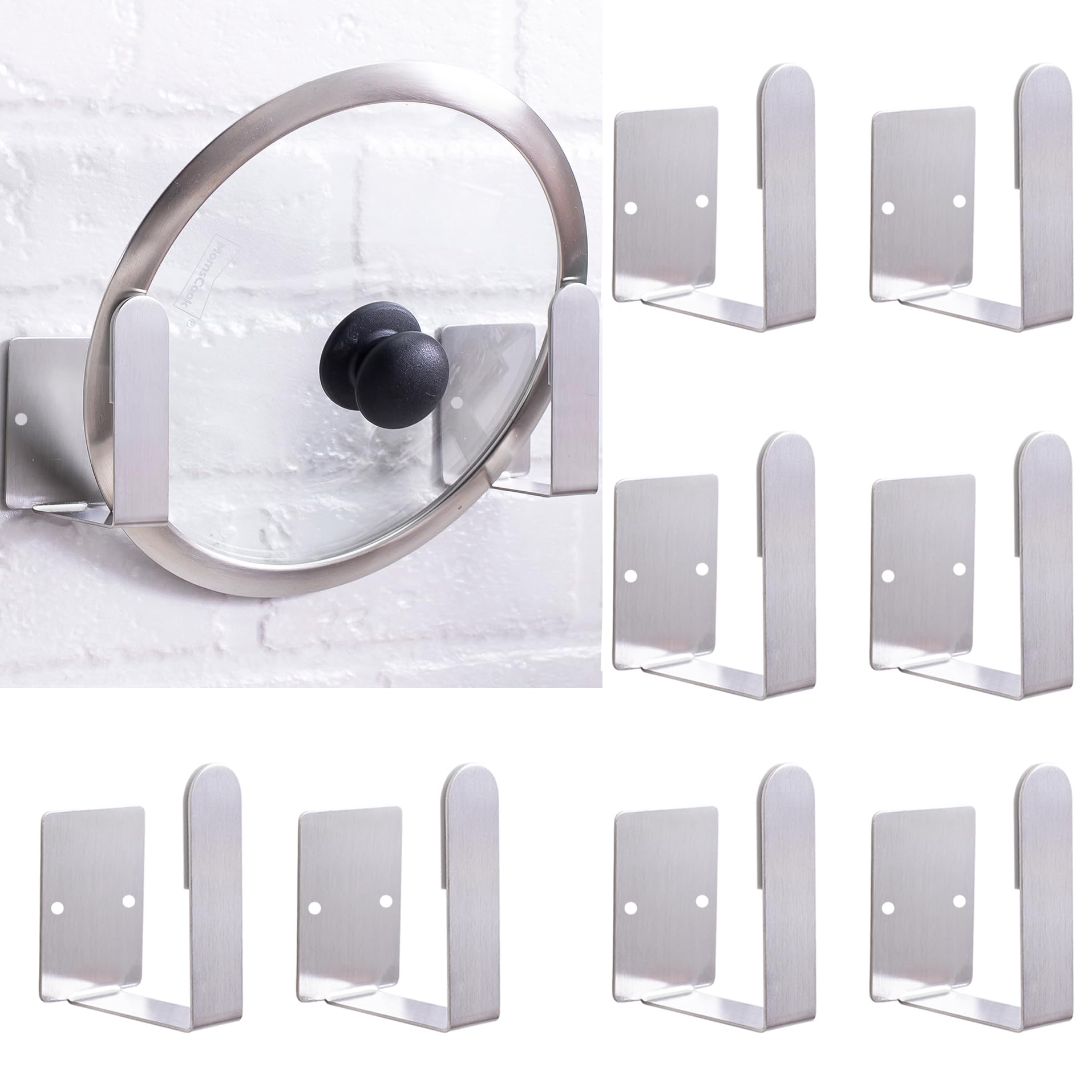 YURINJEE Pot Lid Holder Stainless Steel Wall Mounted 3M Self Adhesive Pan Cover Racks (Set of 4) Freely Adjustable Length (Silver with Screw Set)