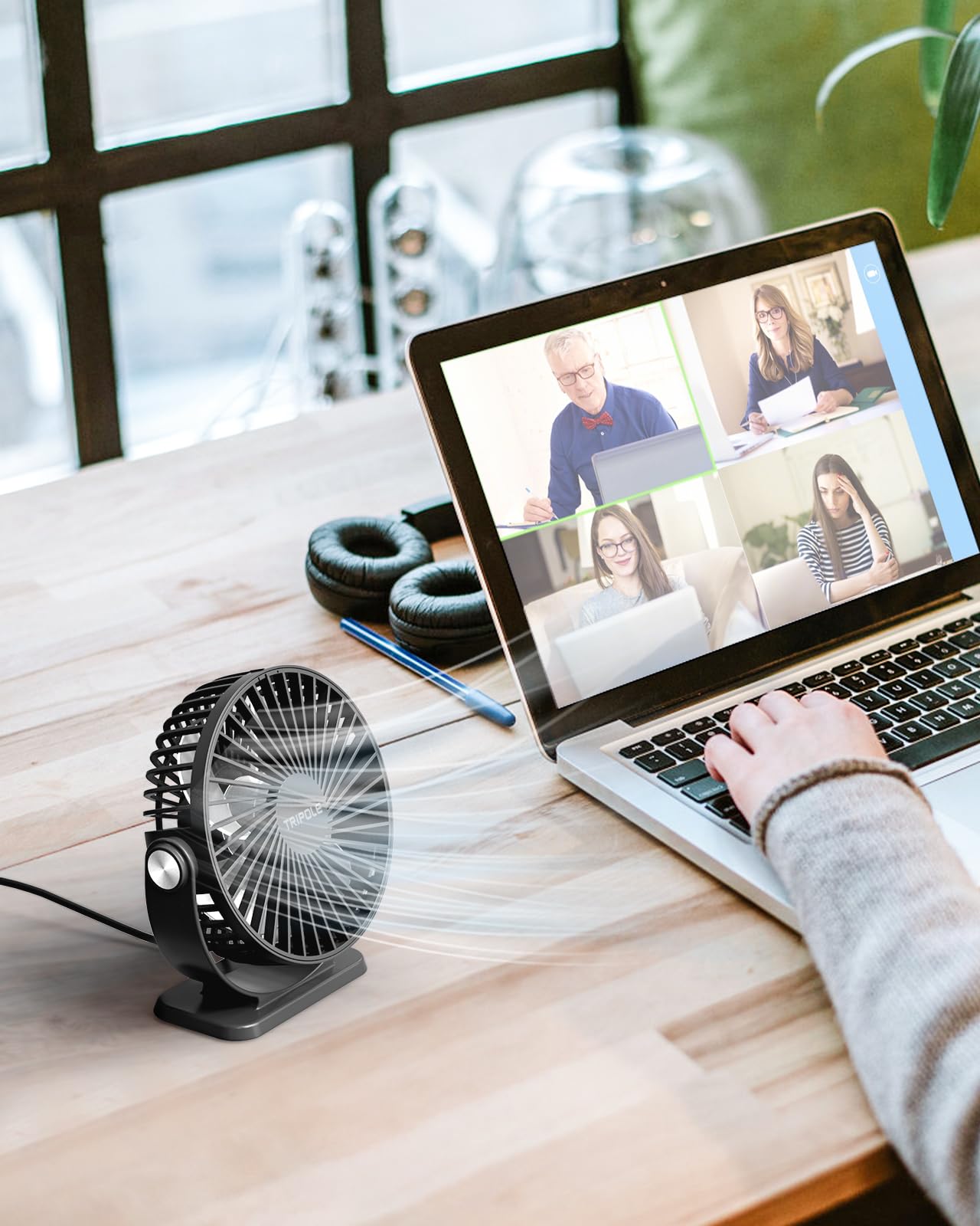 TriPole Small Desk Fan USB Powered Portable Fan 3 Speeds Strong Airflow Mini Fan 360°Rotation Personal Fan 5.1 Inch Table Fan for Home Office Bedroom Desktop, Black, 4.9ft Cable
