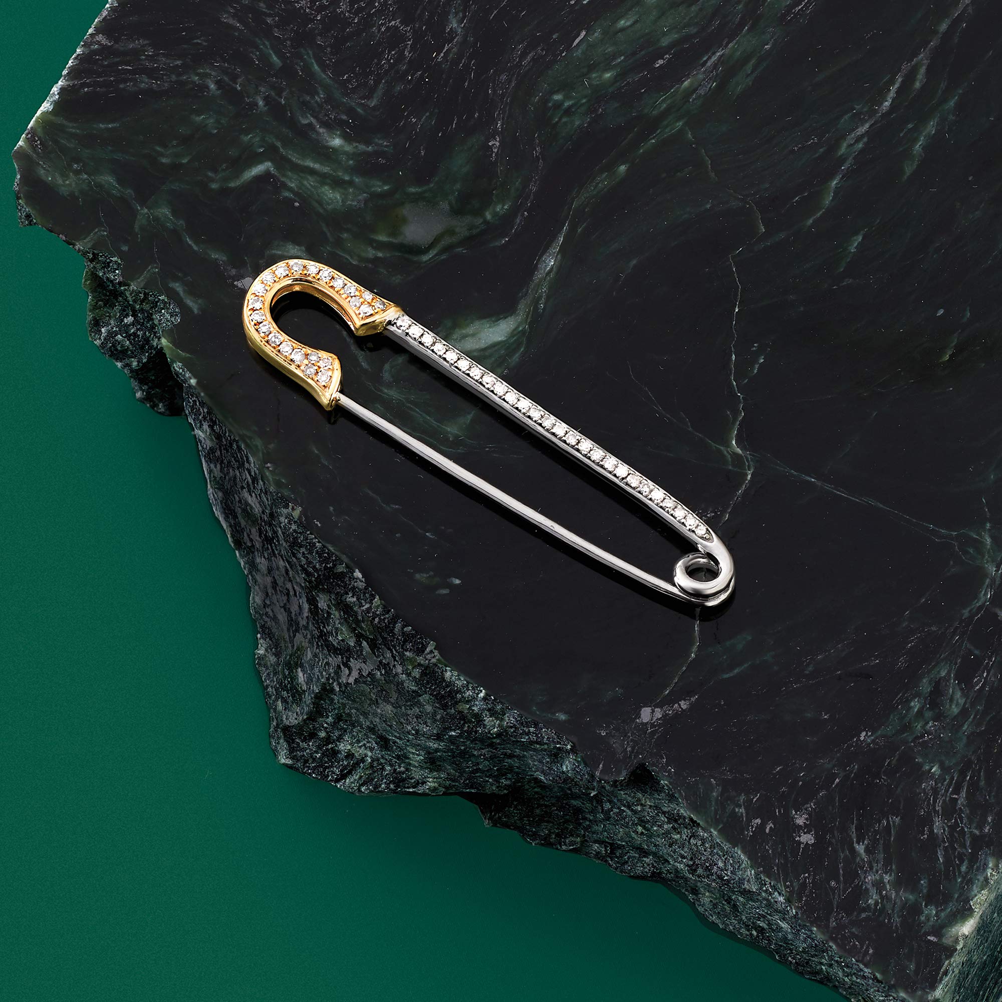 Ross-Simons 0.16 ct. t.w. Diamond Safety Pin in Sterling Silver and 14kt Yellow Gold