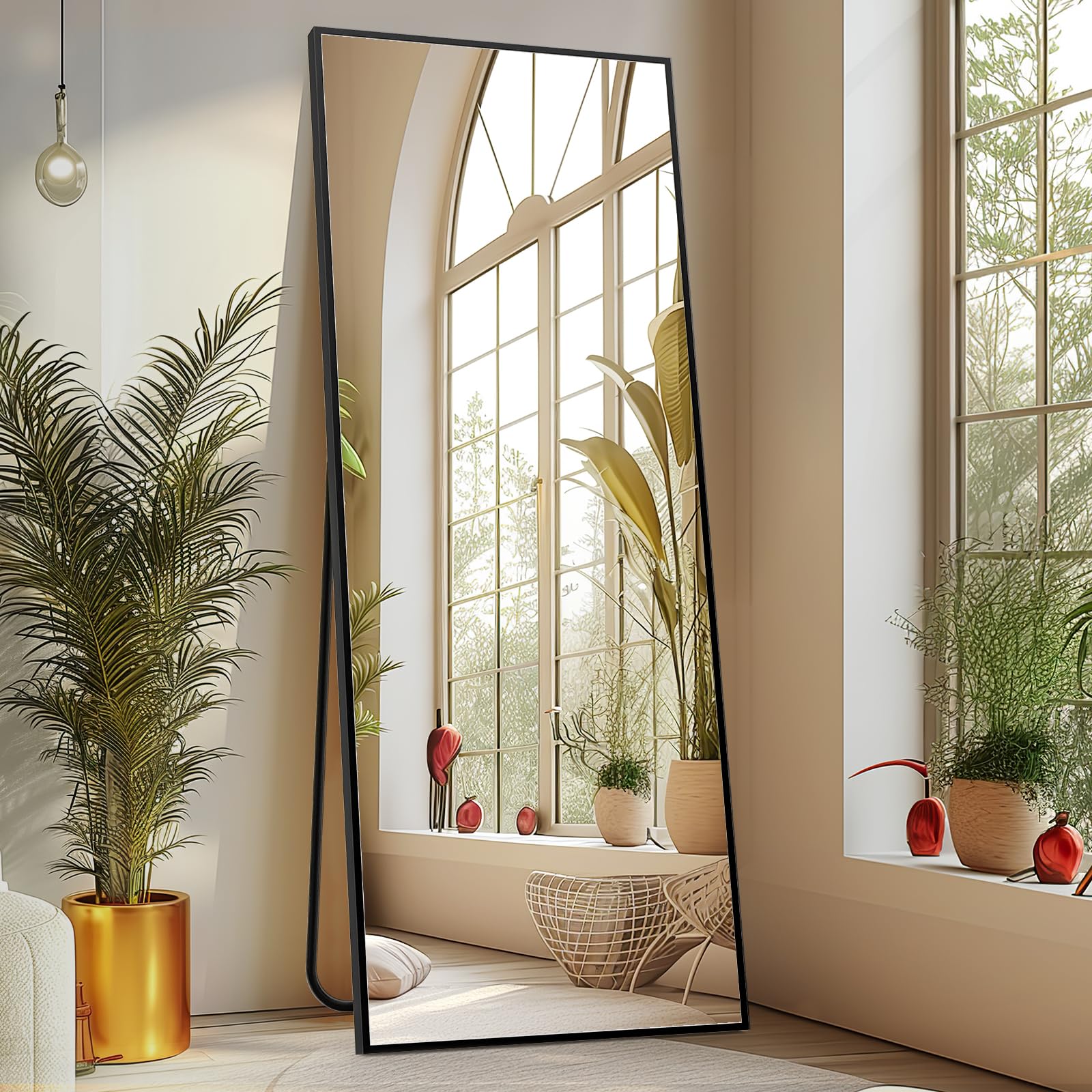 Sweetcrispy 64"x21" Mirror Full Length Floor Standing Full Body Mirror for Bedroom, Large Wall Mirror with Stand Aluminum Alloy Frame Hanging or Leaning Against Wall, Black