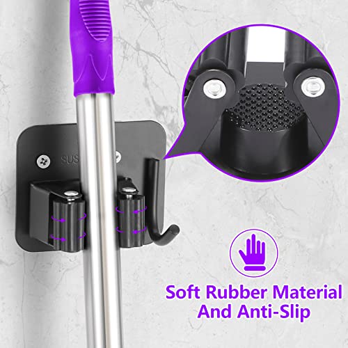 YUWANTING Stainless Steel Broom Holder, Heavy Duty, Rust Resistant, 4 Gripper Positions with 4 Hooks, Black