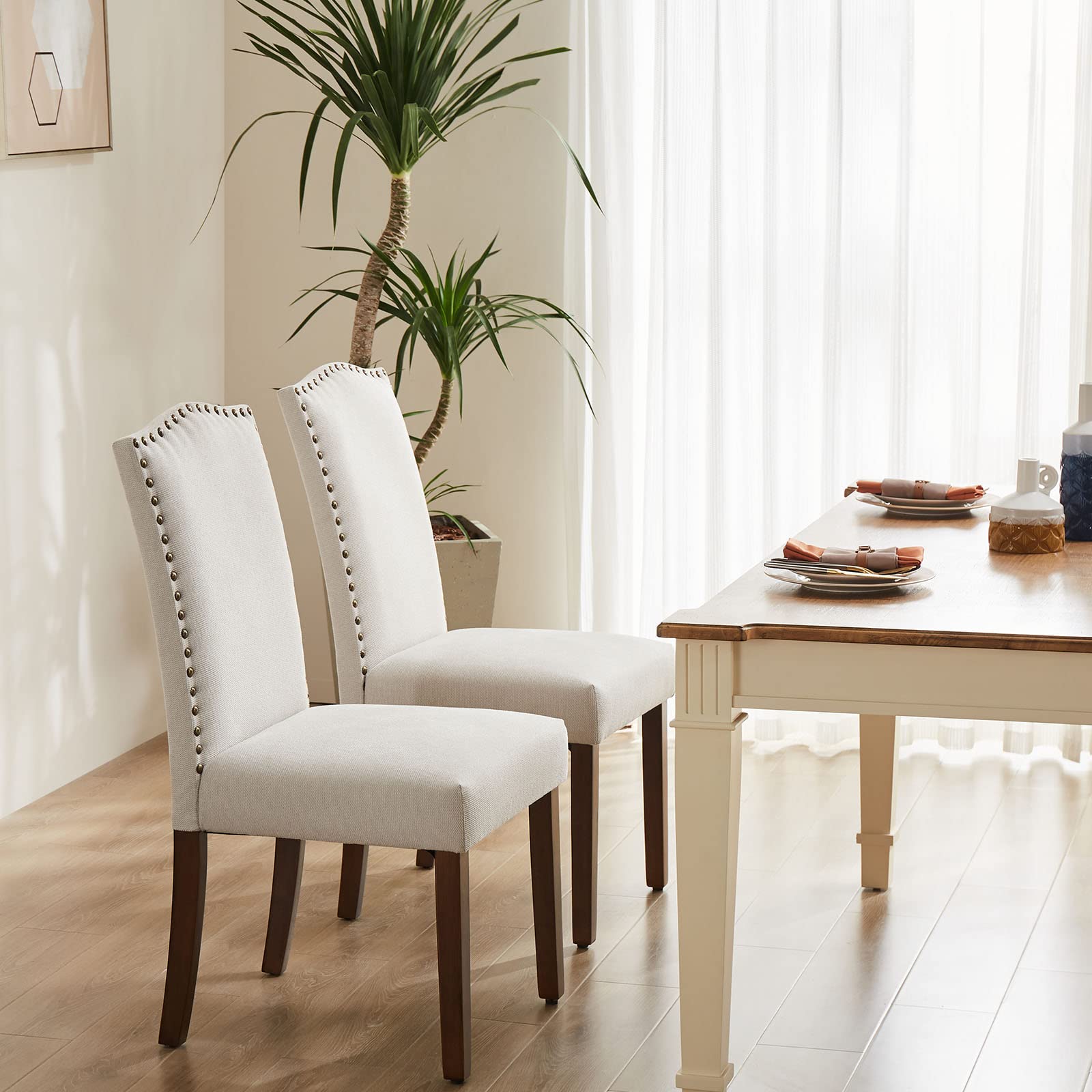 Sweetcrispy Dining Chairs Set of 2, Kitchen Chairs, Modern Upholstered Fabric Dining Room Chair with Nailhead Back and Wood Legs
