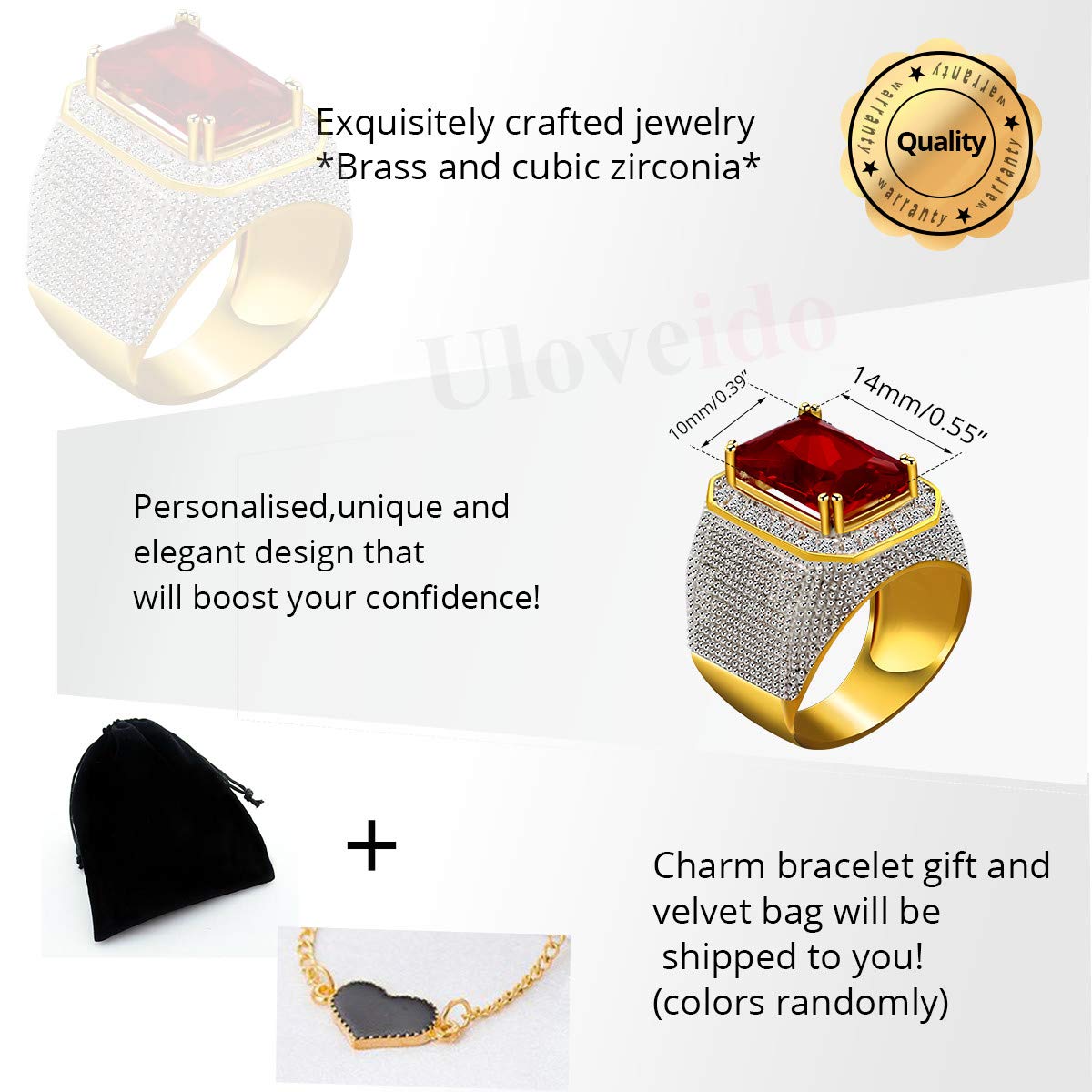 Uloveido Men's Emerald Cut Red Cubic Zirconia Ring with Wide Band Dainty Birth-stone Ring Birthday Father's Day Gifts Idea for Men Husband (Size 12) RA408