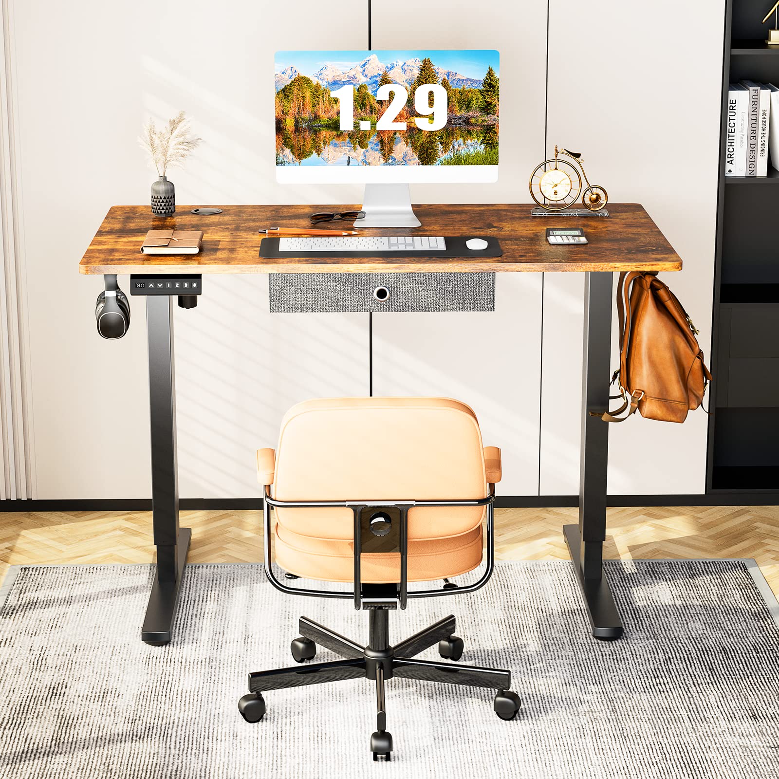 Sweetcrispy Electric Drawers 55 x 24 Inch Storage Height Adjustable Sit Stand Black Frame/Rustic Brown Top Ergonomic Rising Desk Computer Workstation for Office