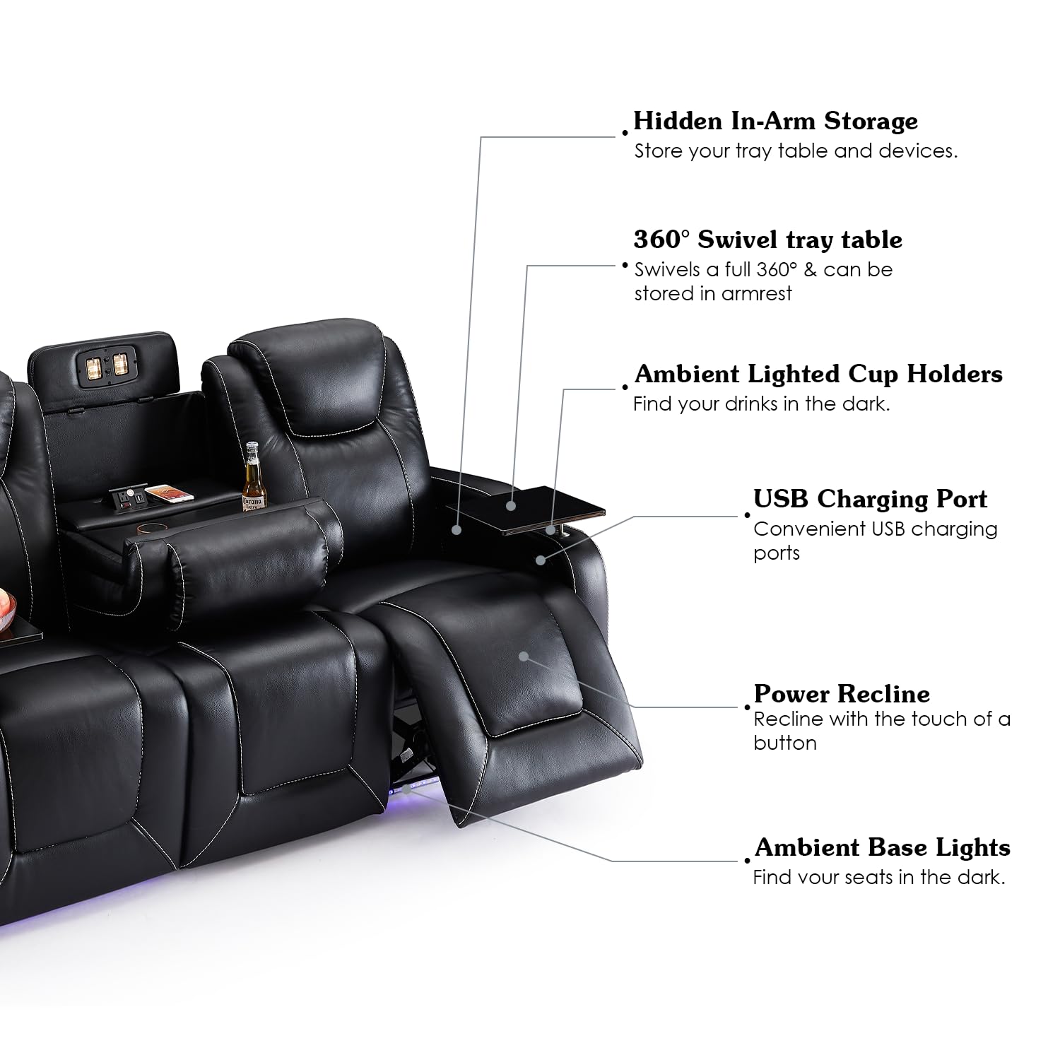 Weilianda Home Theater Seating Leather Moive Sofa Recliner Chair Type-C USB Charge and Wireless Charging Arm Storage with Tray Table - Black