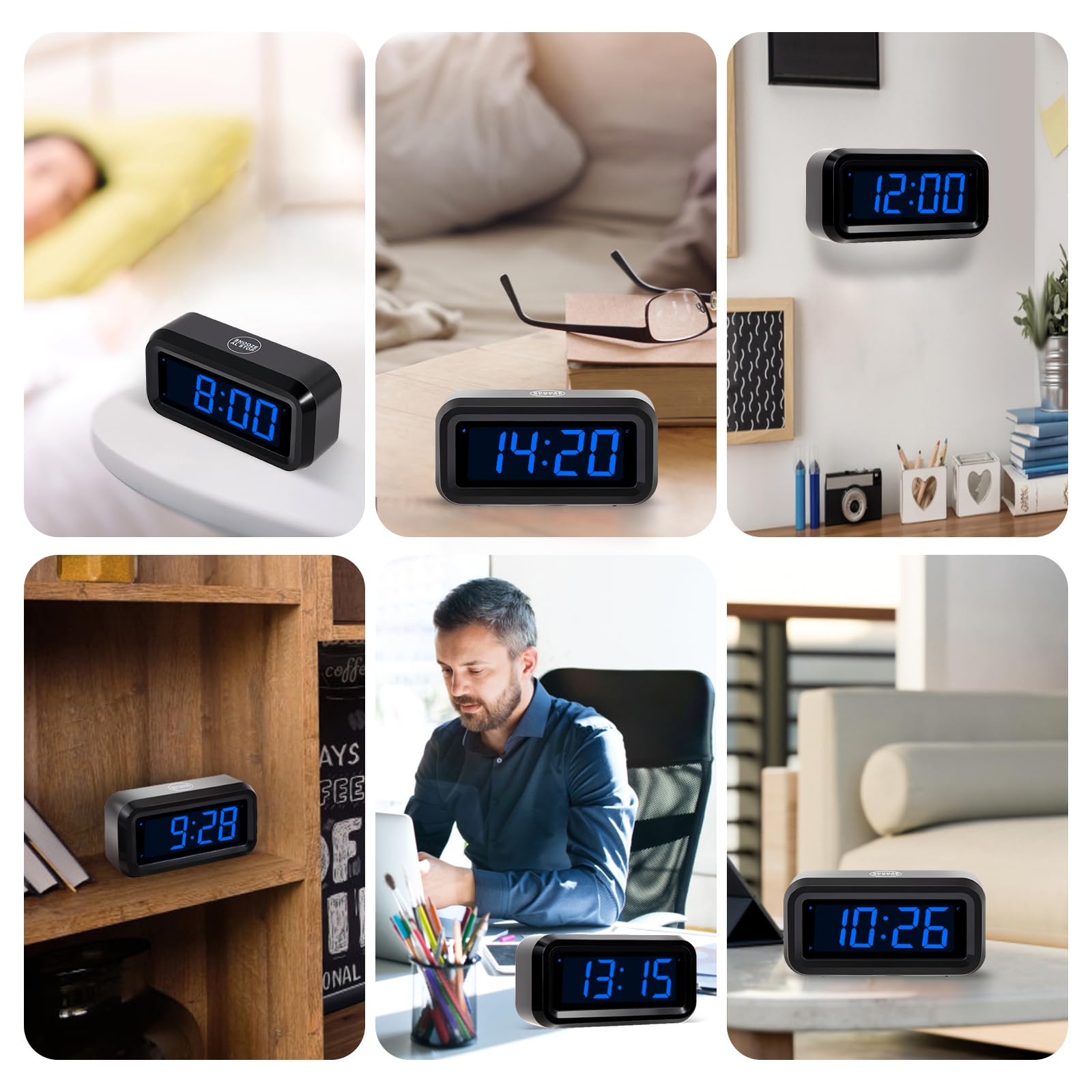 Timegyro Digital Alarm Clock Battery Operated with LED Display for Bedrooms, Long Battery Life, 3 Brightness Adjustable, 12/24 Hour, Snooze, Black Case with Blue Digits