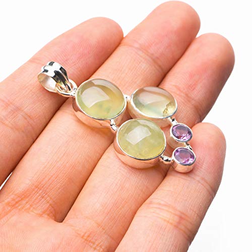 StarGems Natural Prehnite And Amethyst Handmade 925 Sterling Silver Pendant 1.75" D9628