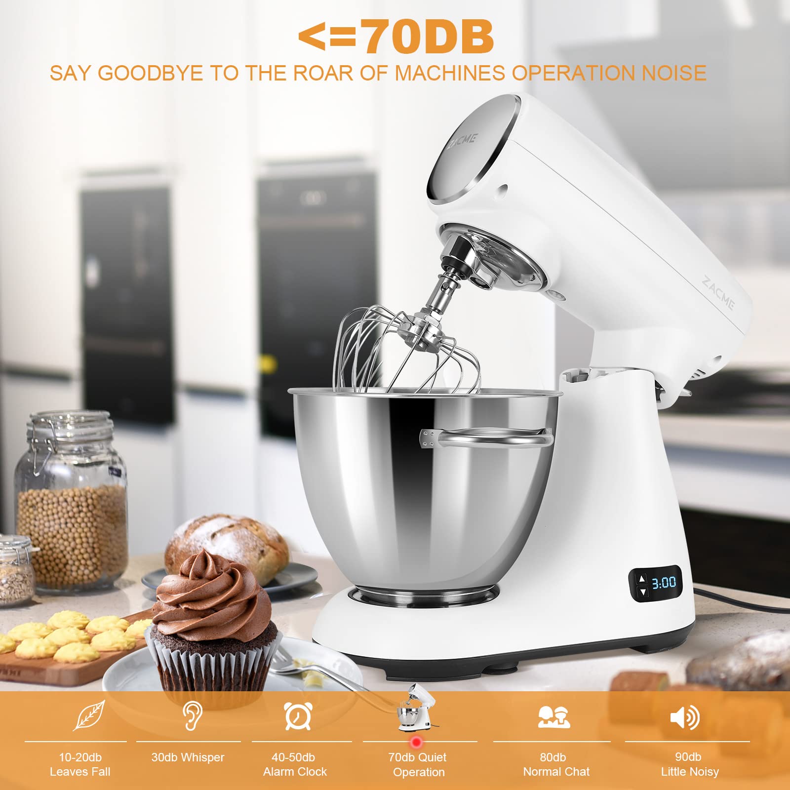 ZACME Mixers Kitchen Electric Stand Mixer, Aluminum die casting and Gears, 1 Hour Continuous Operation, Dual Cooling System, Low Noise DC Motor, LED Display and Timing Function, 600W 5.5QT, Food Grade