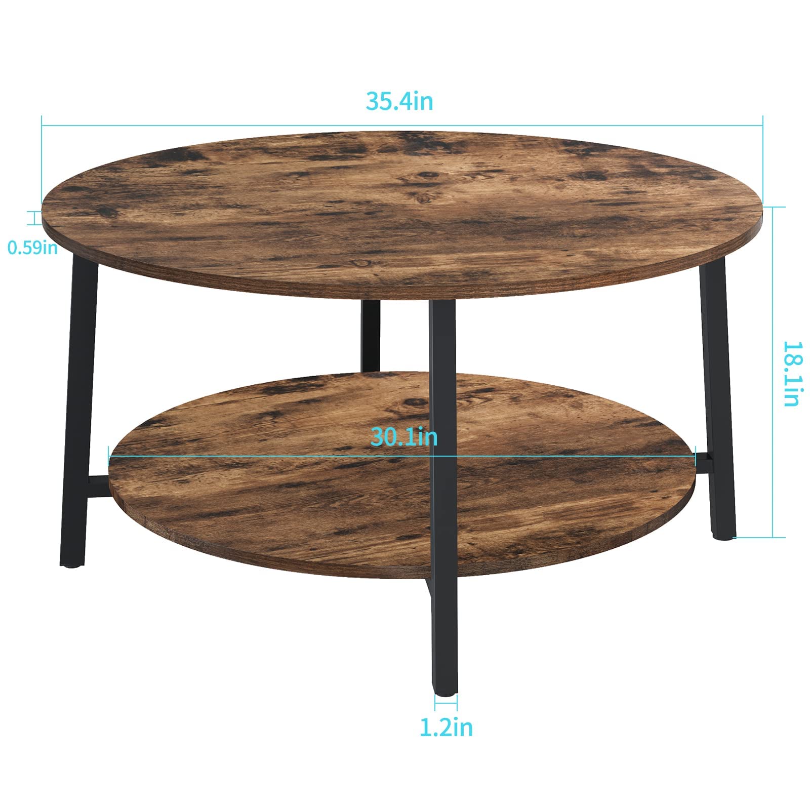 Snughome 35.4’’ Round Coffee Table, 2-Tier Industrial Design Furniture Sofa Table with Storage Open Shelf and Sturdy Metal Legs for Living Room, Wooden Surface Tabletop & Rounded Edges, Rustic Brown
