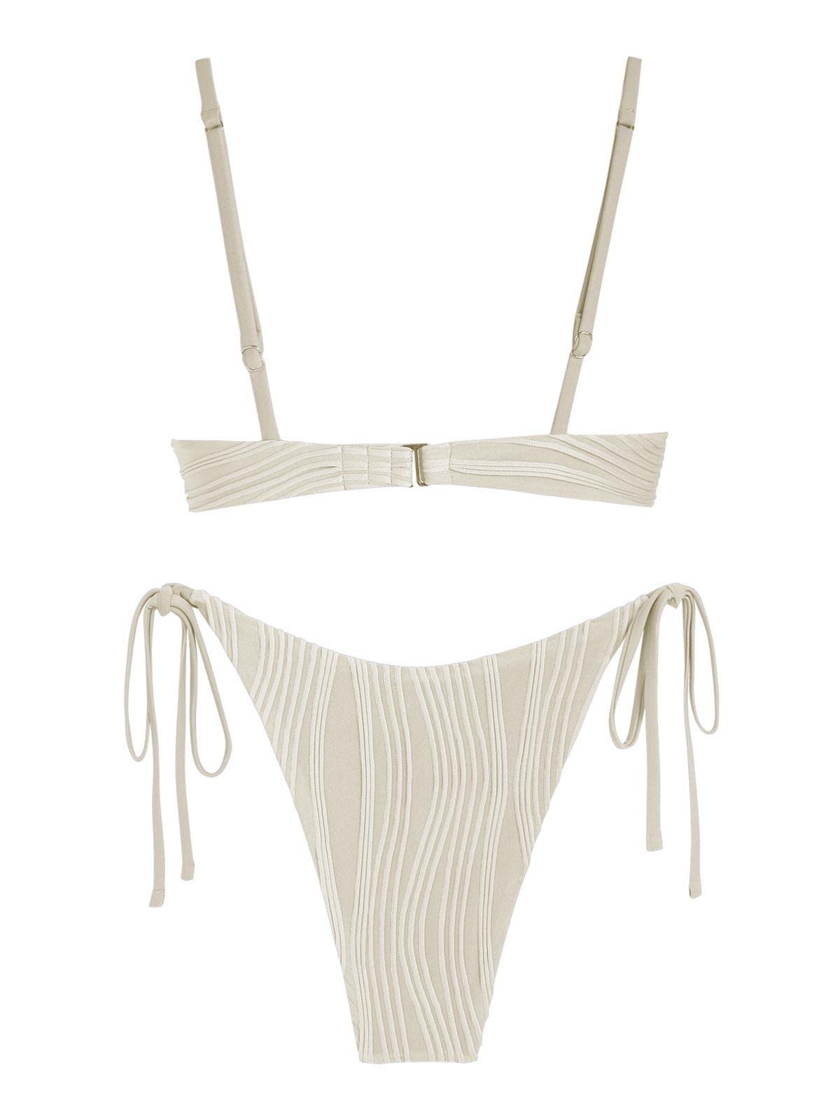ZAFUL Women's Textured Underwire Bikini Set V Notch High Cut Swimwear Tie Side Ribbed Sexy Swimsuits