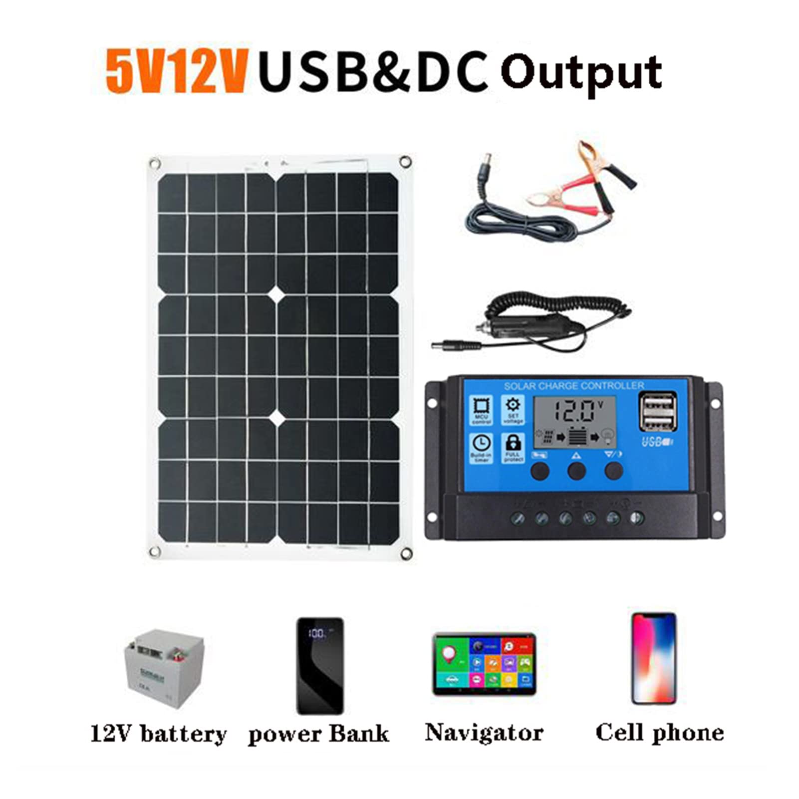 Weytoll Solar Panel System 18V 20W Solar Panel 30A Charge Controller with Dual USB Car Solar Inverter Kit Complete Power Generation Supply for Mobile Phones Sports Cameras, and 12V Car Batteries