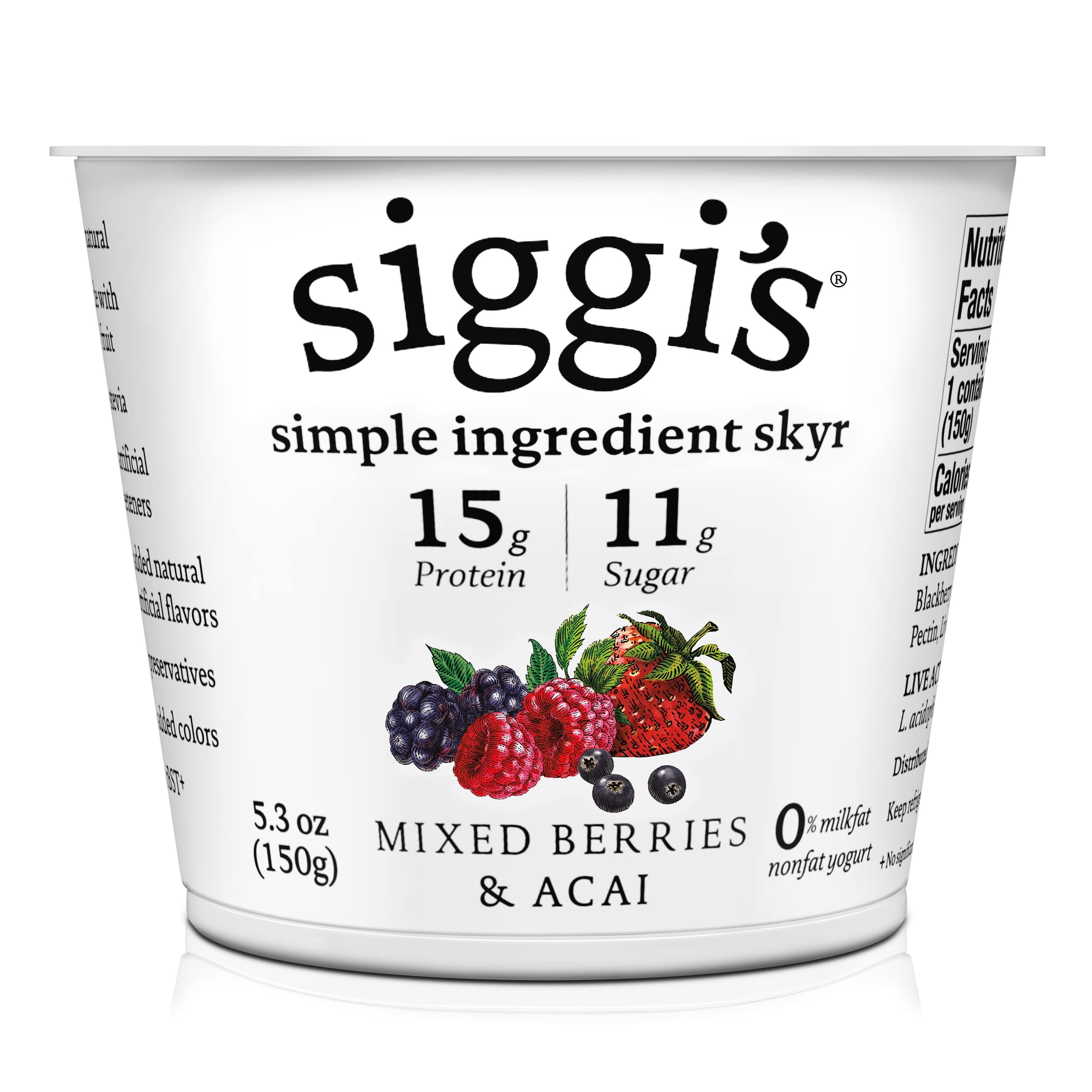 siggi's® Icelandic Strained Nonfat Yogurt, Acai Mixed Berry, 5.3 oz. Single Serve Cup – Thick, Protein-Rich Yogurt