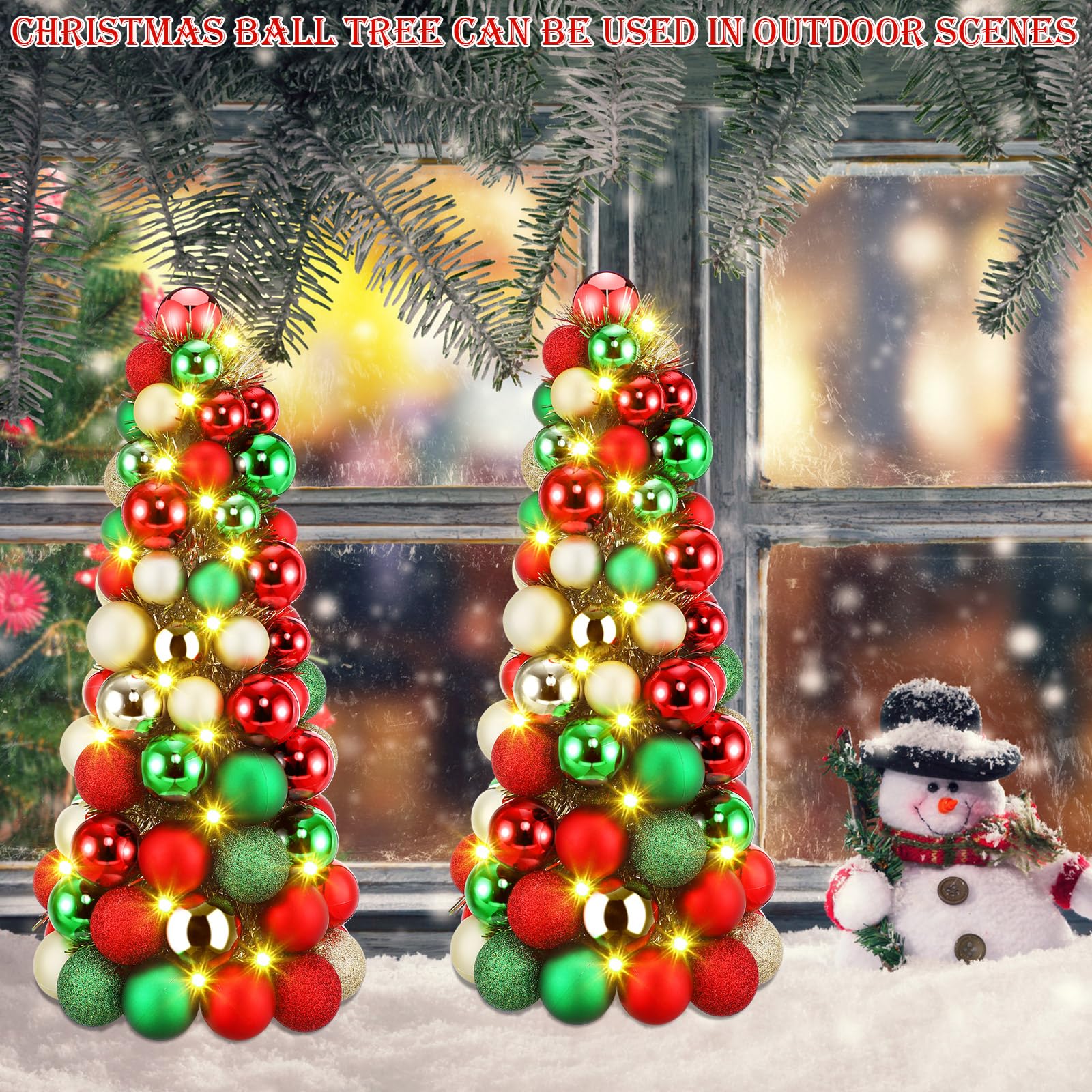 Yuxung 2 Pcs 16 Inch Christmas Ball Tree with 2 Led String Lights Mini Tabletop Cone Shaped Christmas Tree Ball Ornament Table Centerpiece for Xmas Holiday Room Decor (Red, Green and Gold)