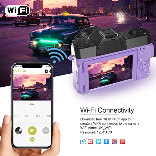 VJIANGER 4K Digital Camera 48MP Vlogging Camera for YouTube with 3.0ββ 180Β° Flip Screen, WiFi, 16X Digital Zoom, 52MM Wide Angle & Macro Lens, 2 Rechargeable Batteries, 32GB Micro SD Card(Purple31)