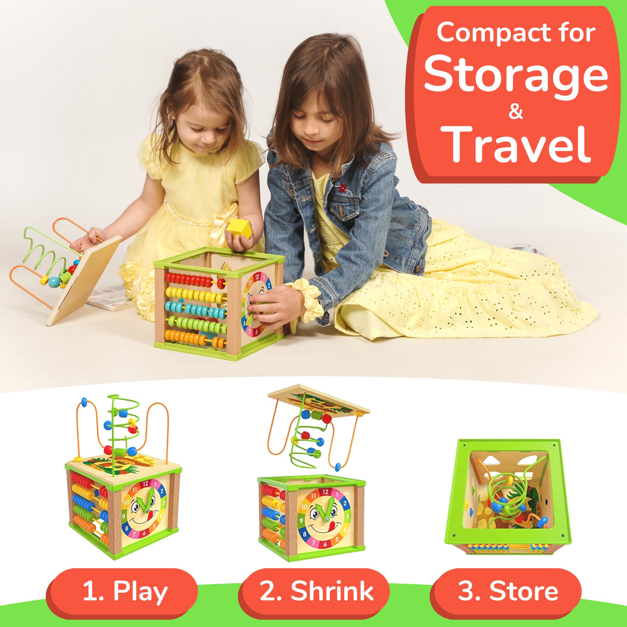 TOYVENTIVE Wooden Activity Cube, Montessori Toys, Multipurpose Educational Sensory Toy for 1-2 Year Old Baby, Toddler, Kid, Boy | Birthday Gift | Bonus First Words Book