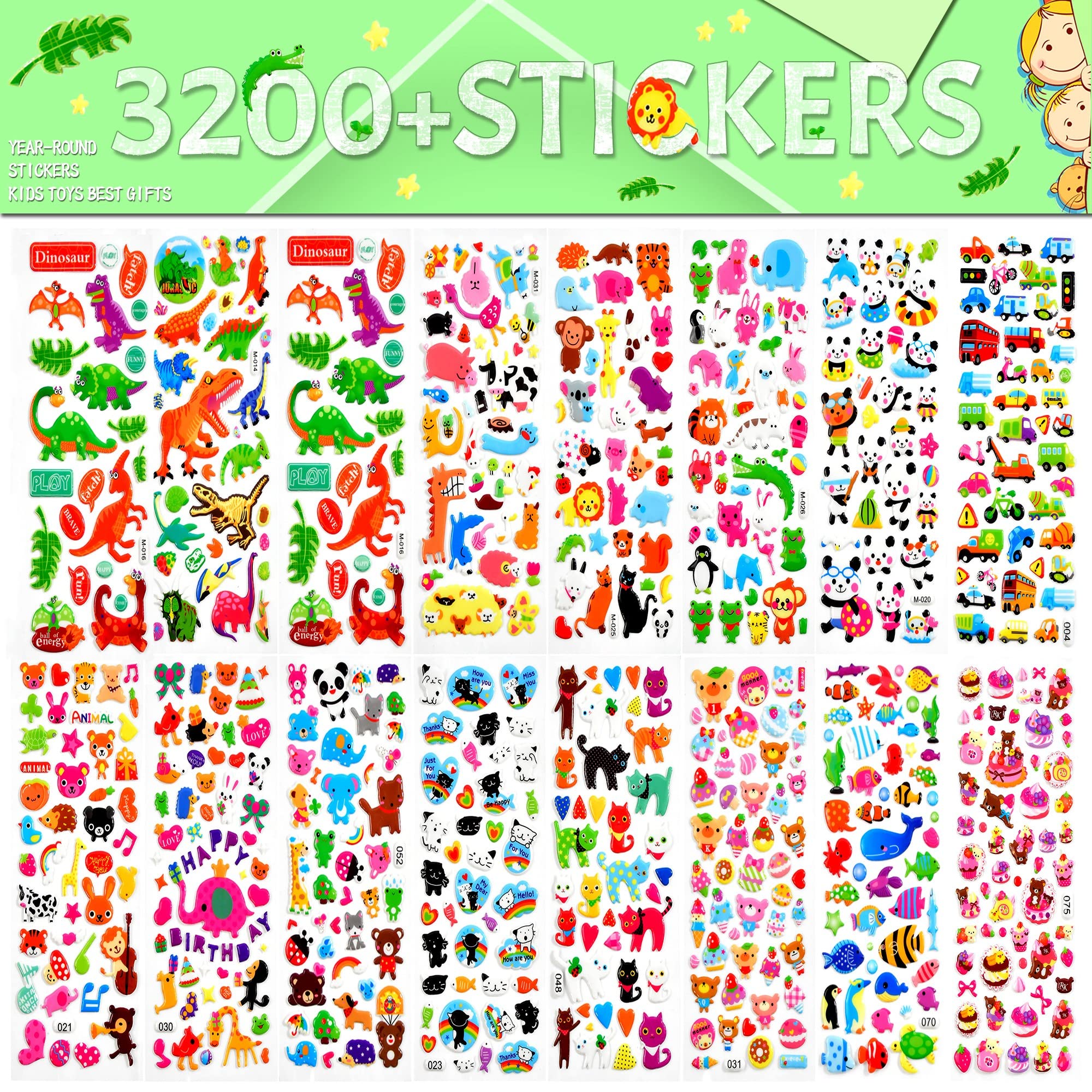 Stickers for Kids, 3D Puffy Stickers, 64 Different Sheets, 3200+ Cute Stickers, Including Animals, Cars, Airplane, Food, Letters, Flowers, Pets, Cakes and Tons More