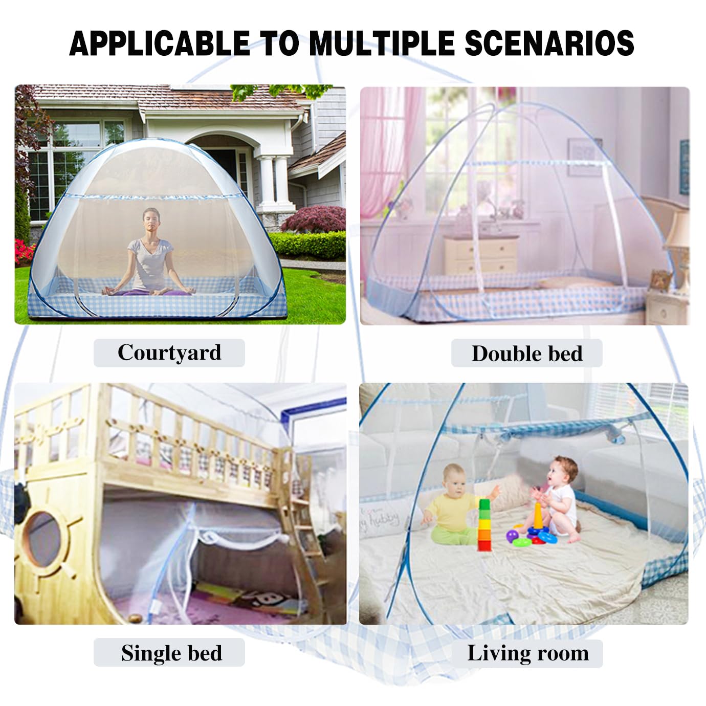 Tinyuet Mosquito Net for Bed, Portable Double Door Pop-up Mosquito Netting with Net Bottom, 59x78.7in Bed Tent for Indoor and Outdoor Use, Insect Screen - Blue Edge