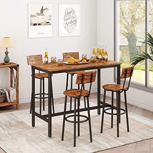 Tiophome PU Soft Seat with Backrest and Footrest,Modern Armless Kitchen Island Stool with Upholstered Cushion for Dining Room,Easy to Assemble,Rustic Brown, 5-Piece Bar Table Set for 4