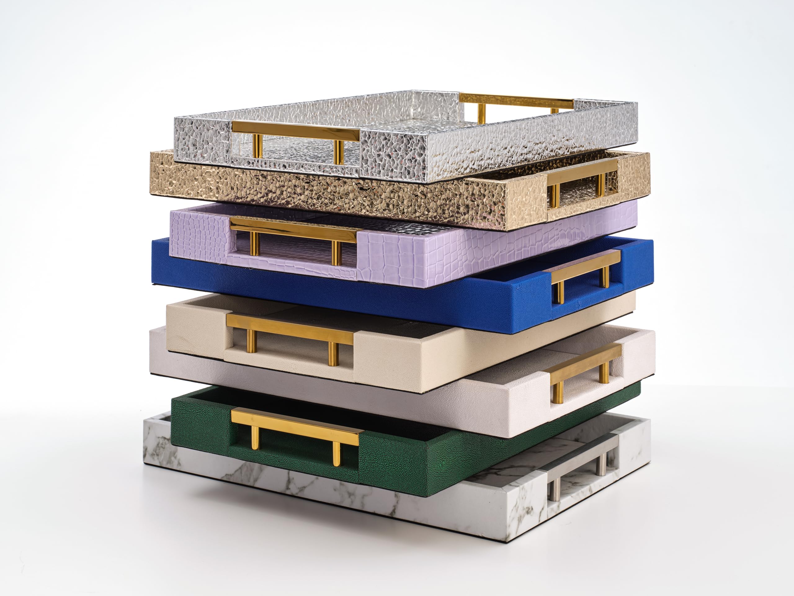 YAMILAN-17 x12 Serving Tray with Gold Polished Metal Handles,Decorative Tray for Coffee Table,Ottoman Tray for Living Room,Modern Elegant Rectangle Leather Trays for All Occasions/Devilfish/Blue