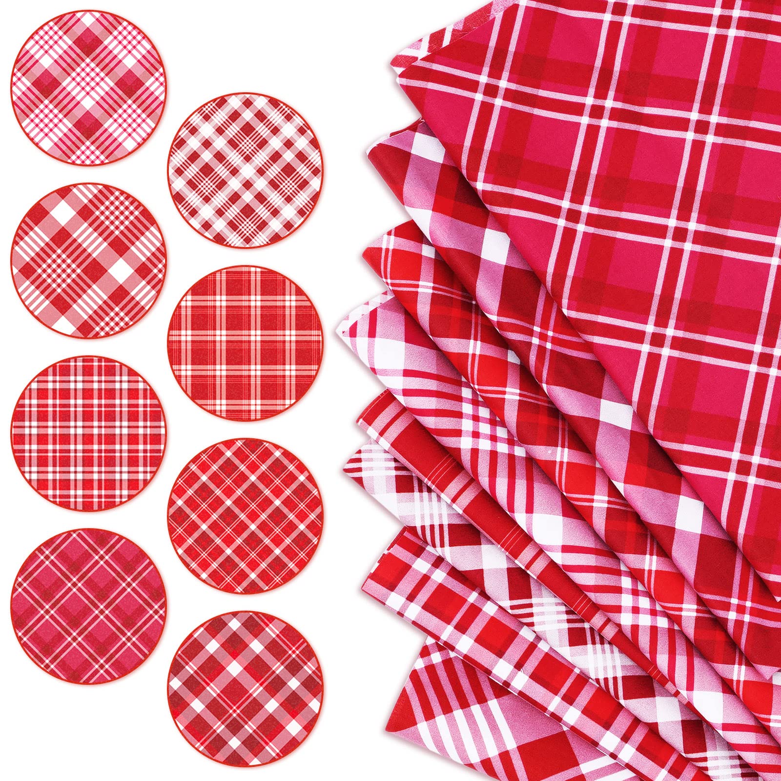 Whaline 8Pcs Valentine's Day Cotton Fabric Bundles 18 x 22 Inch Buffalo Plaid Fat Quarters Red White Plaid Quilting Patchwork Squares Sewing Fabrics for DIY Handmade Crafting Home Party Decor