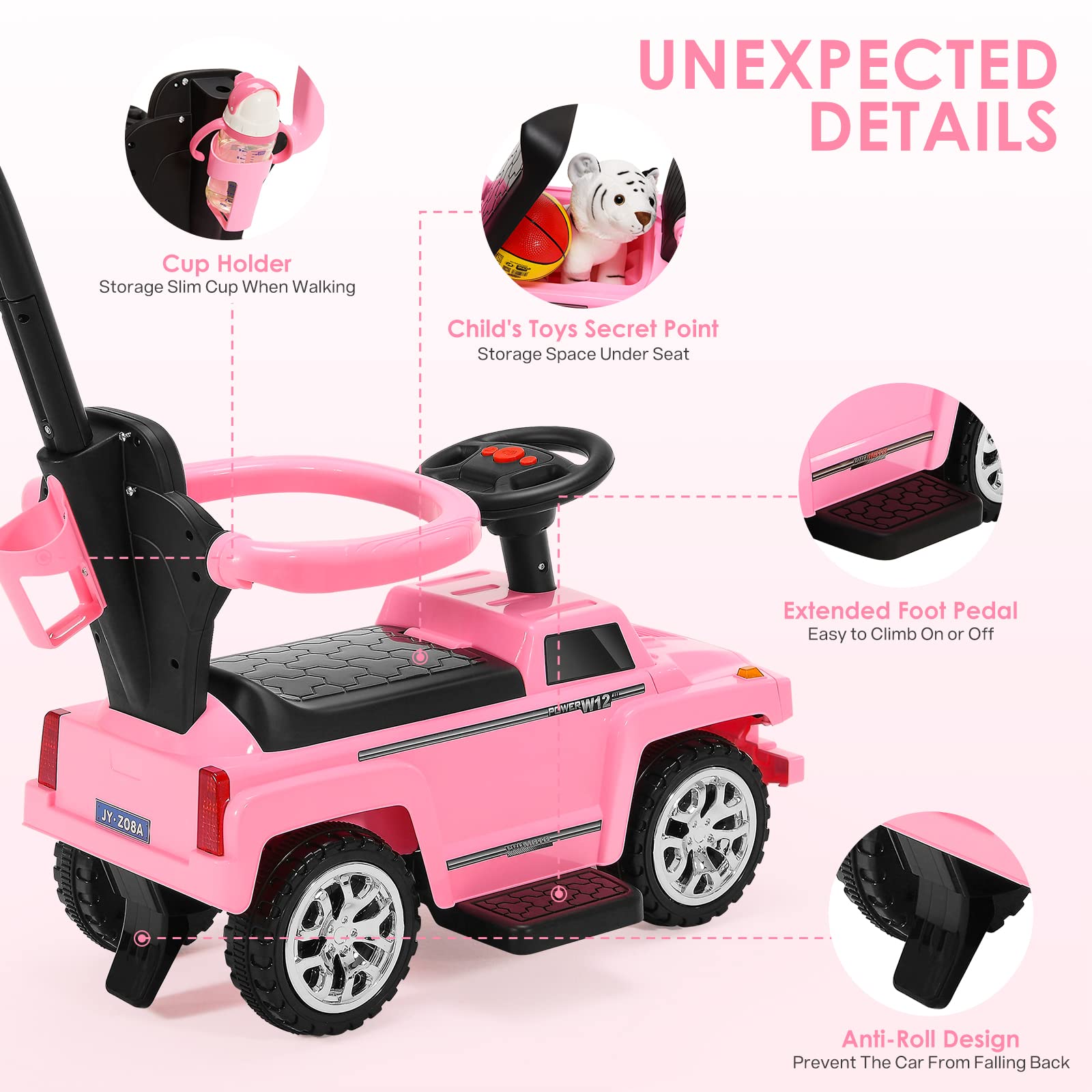 SOAR Toddler Push Car Pushing Car Ride On Toy with Cup Holder Sun Canopy Pink