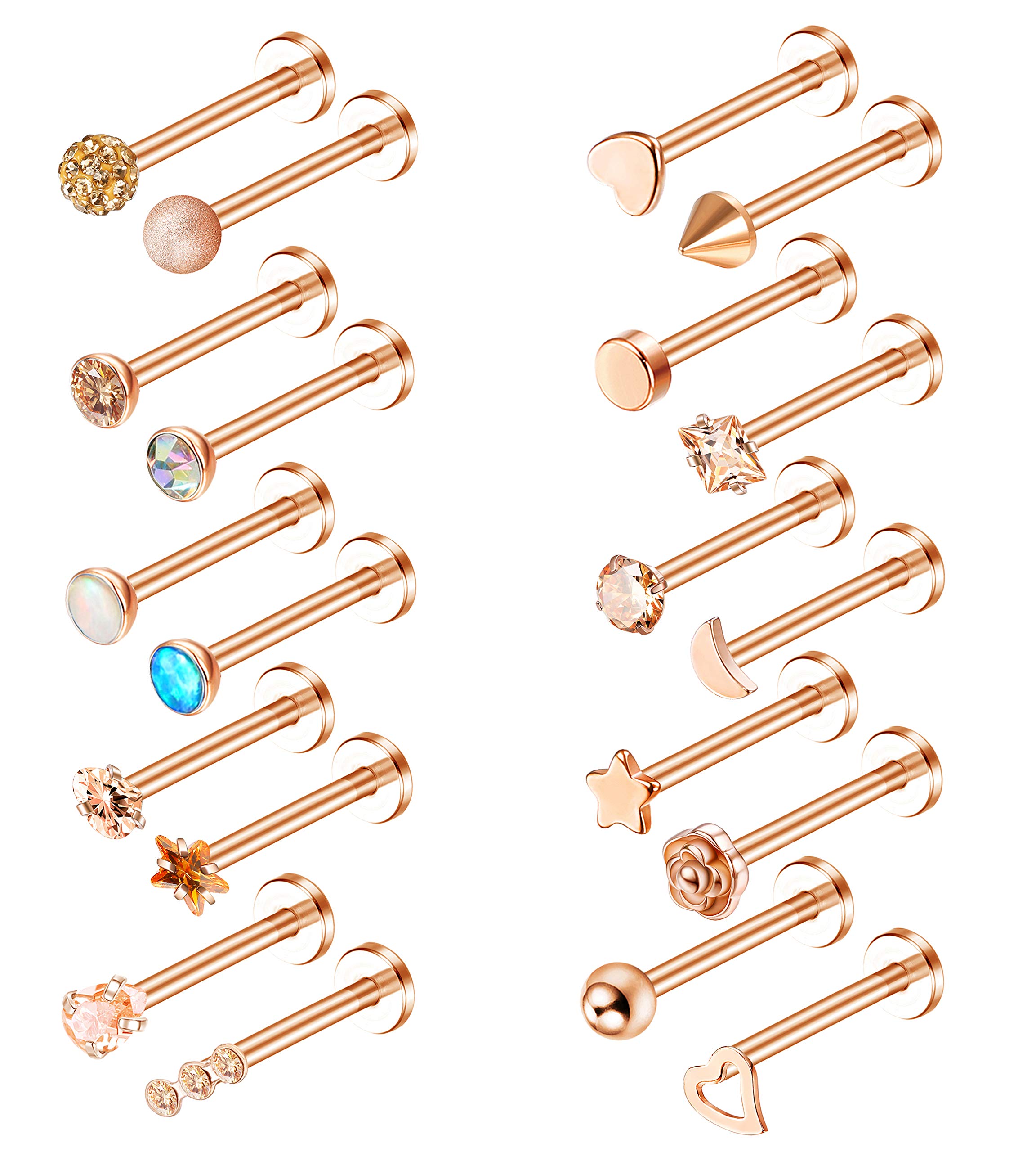 Subiceto 16G Stainless Steel Forward Helix Monroe Labret Lip Nose Studs for Men Women Tragus Cartilage Stud Earrings Cz Balls Heart Flower Medusa Piercings 20 Pcs