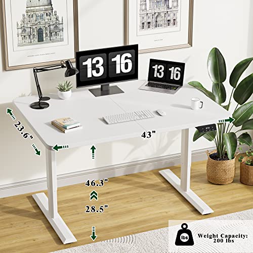 YESHOMY Electric Standing Desk Height Adjustable Table Ergonomic Home Office Workstation with Cup Holder and Headphone Hook, 43", White