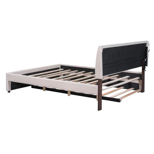 WOXYX Queen Size Upholstered Platform Bed with Teddy Fleece Headboard and Trundle,Beige