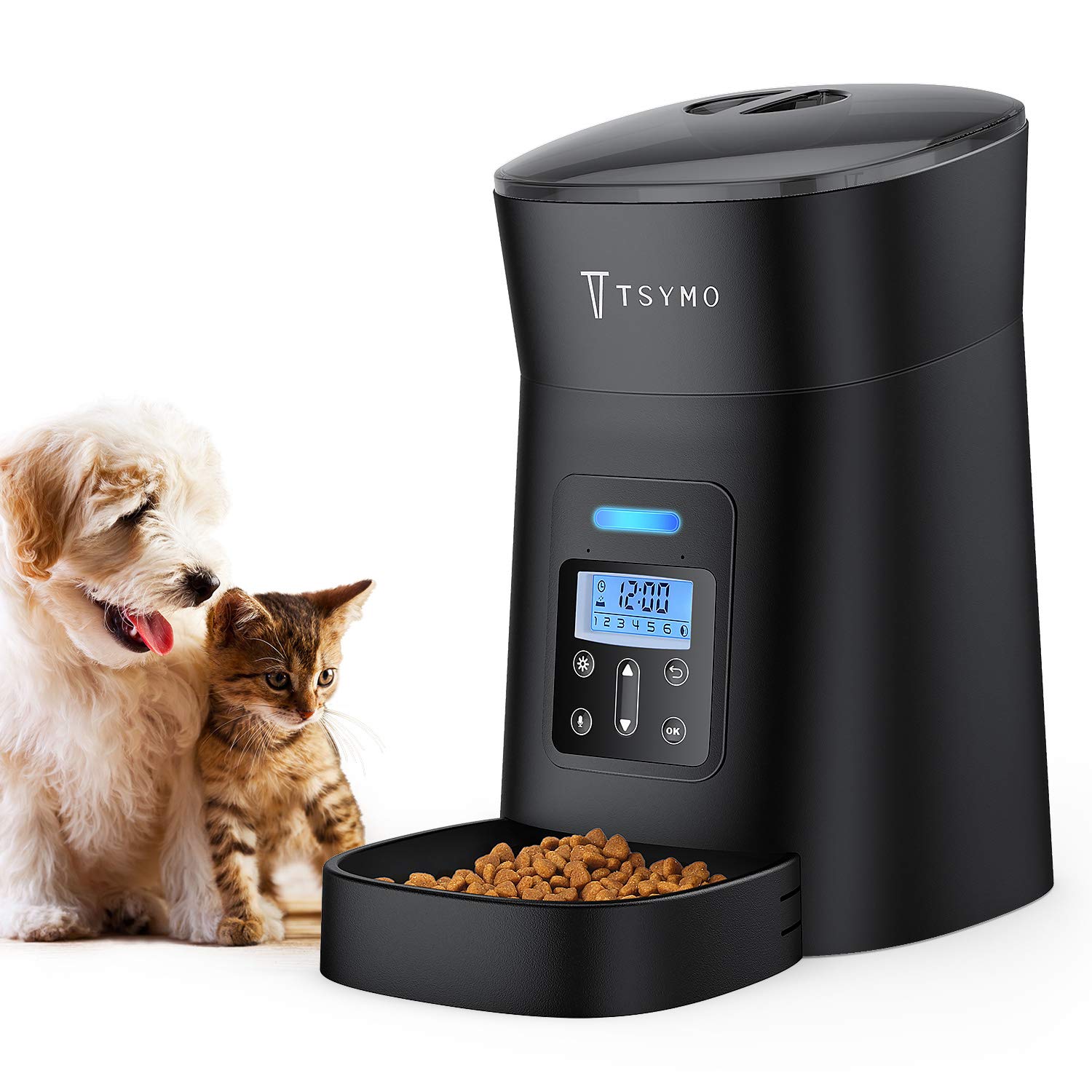 TSYMO Automatic Cat Feeder - 1-6 Meals Auto Dog Food Dispenser with Anti-Clog Design, Timer Programmable, Voice Recording & Portion Control for Small & Medium Pets (4 L Black)