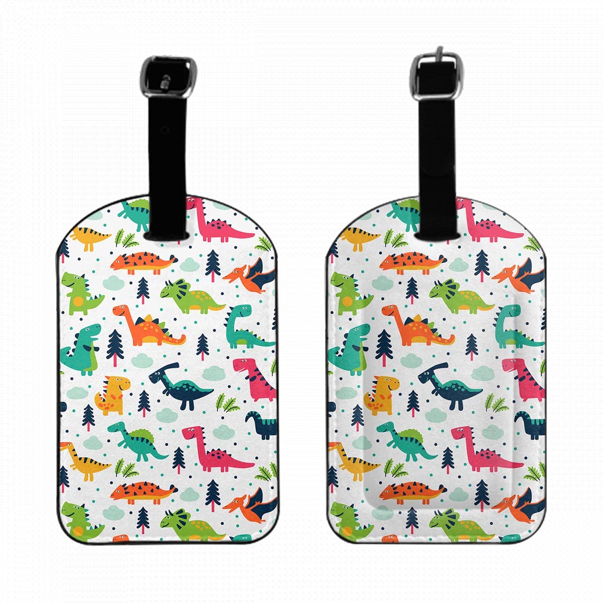 Zoczos Funny Dinosaurs Leather Luggage Travel Bag Tags Adorable Animals Cartoon Cool Little Monster Tree Polka Dots Luggage Tag Holder Name ID Labels Set for Men Women, 1 Pack