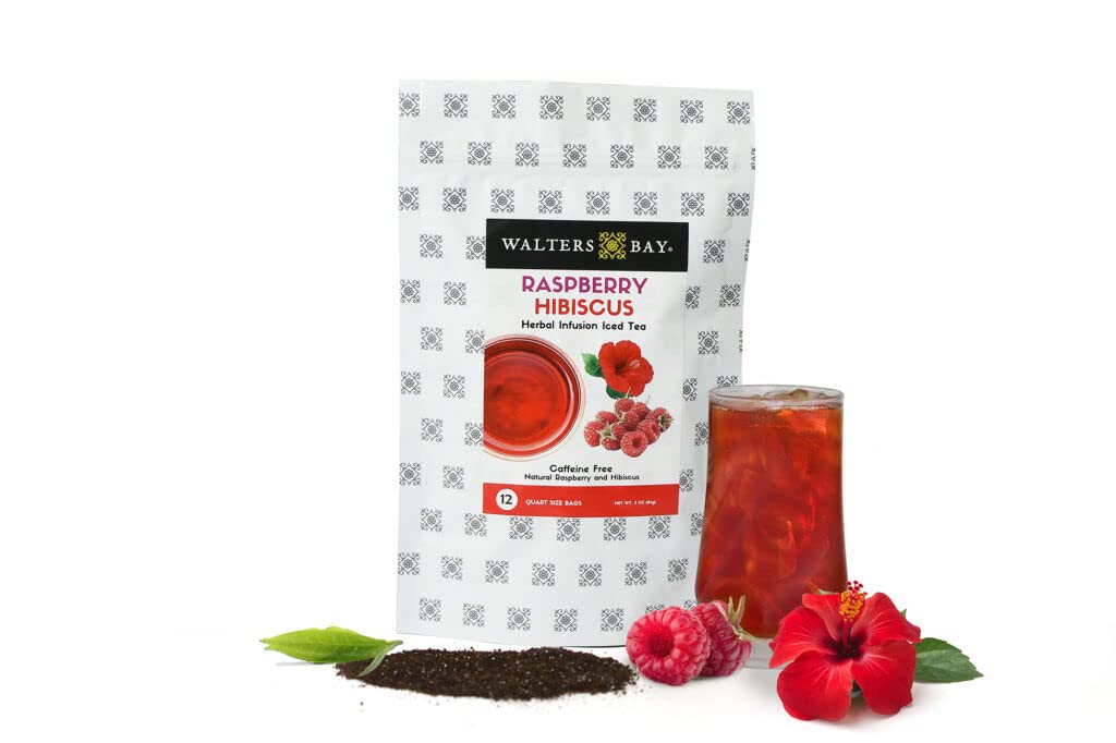 Walters Bay Raspberry Hibiscus Herbal Iced Tea, 12 Count, Quart Sized Tea Bags, Unsweetened, Raspberry Flavored, Herbal Iced Tea, No Caffeine