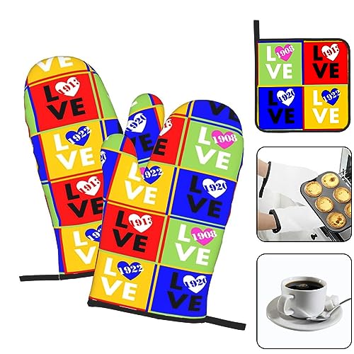 Zeta Phi Oven Mitts 3pcs Kitchen Accessory Kitchen Thickened Mittens Black Sorority Oven Mitt Surface Safe for Baking,Cooking,BBQ Potholders for Sorority Sisters