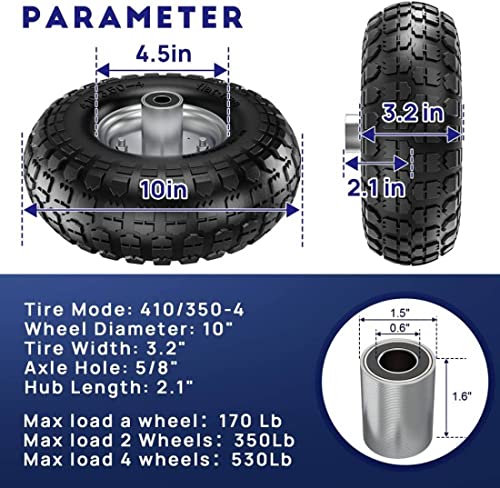 Winisok 4.10/3.50-4 Tire Wheels Flat Free, 10" Heavy Duty Solid Replacement Tire with 5/8ββ Bearings for Wagon/Wheelbarrow/Hand Truck/Generators (2 Pack)
