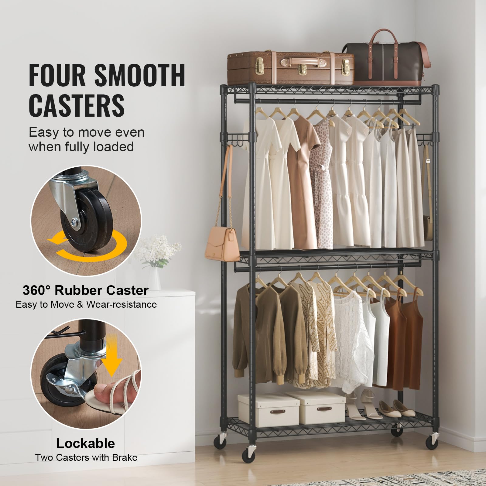 VEVOR Heavy Duty Clothes Rack, Rolling Clothing Garment Rack with 3 Storage Tiers, 2 Rods and 2 Pairs Side Hooks, Adjustable Height Clothing Rack Closet for Hanging Clothes, 400 Lbs Load Capacity