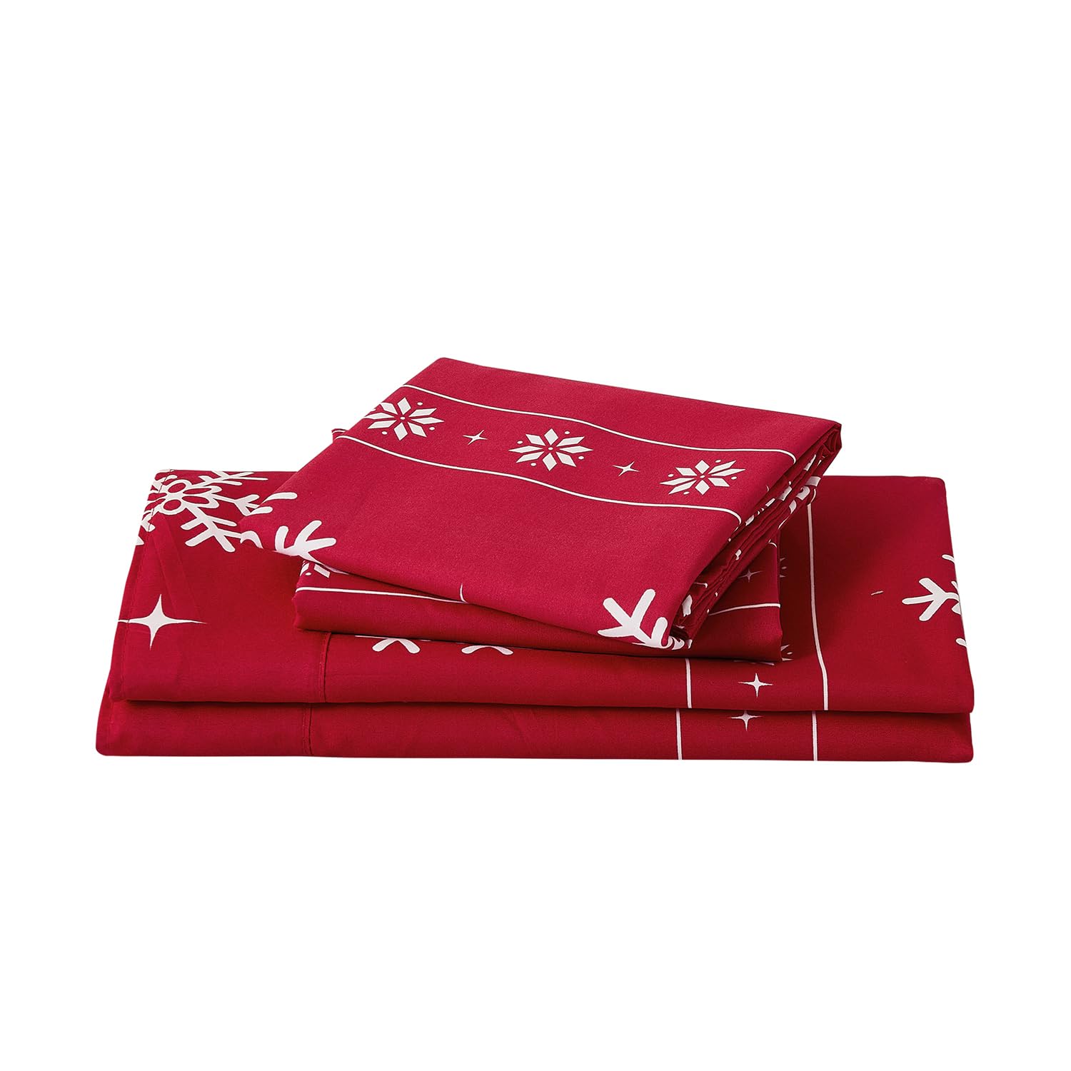 Vaulia Soft Microfiber Sheets, Print Snowflake Pattern Christmas Holidays, 4-Piece Set (1 Fitted Sheet 1 Flat Sheet 2 Pillowcases) Red/White Snowflake, Full Size
