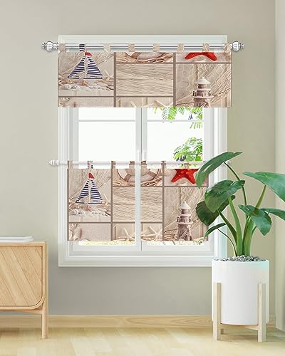 Tab Top Curtain Valance and Tiers Set,Summer Beach Red Starfish Shell Lifebuoy Light Filtering Kitchen Curtains Valances,Lighthouse Sea Nautical Boat Cafe Window Treatment Drapes for Bedroom