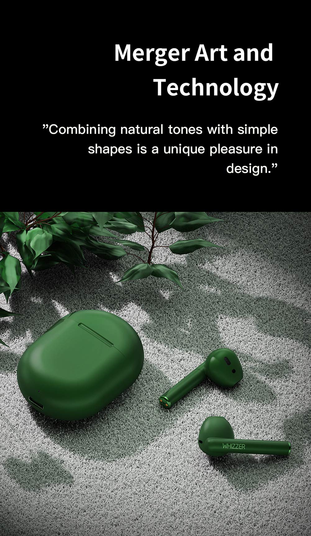 True Wireless Half-Inear Bluetooth Headphones, WHIZZER-B7 Bluetooth 5.0 TWS HiFi Stereo Dual-Core Earbuds with Wireless Charging Case, Lightweight IPX5 Waterproof Headsets w/Mic for Sports (Green)