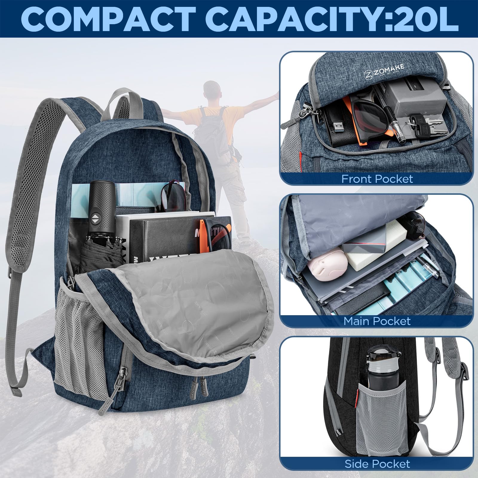 ZOMAKE 20L Lightweight Packable Hiking Backpack for Women Men - Small Hiking Daypack for Travel - Tear Resistant Foldable Day Pack for Camping Outdoor Sports(Navy Blue)