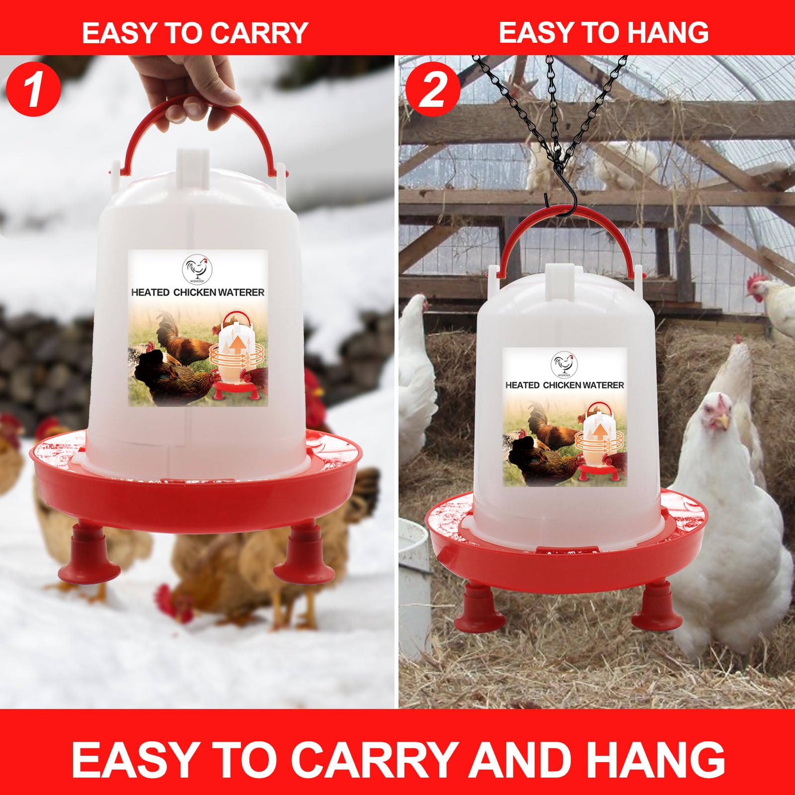 WISMOIER Heated Chicken Waterer - 35W Constant Temperature Heated Plastic Poultry Fountain with 2 Adjustable Heights - 3L Poultry Waterer for Chicken Coop Accessories in Winter