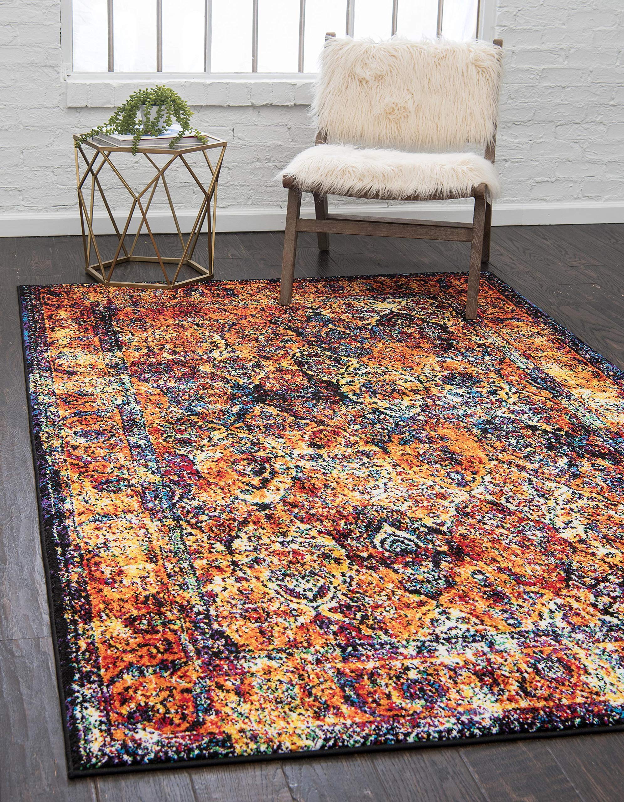 Unique Loom Rosso Collection Vintage, Traditional, Bohemian, Geometric, Border, Distressed, Southwestern Area Rug, 8 ft x 10 ft, Orange/Black