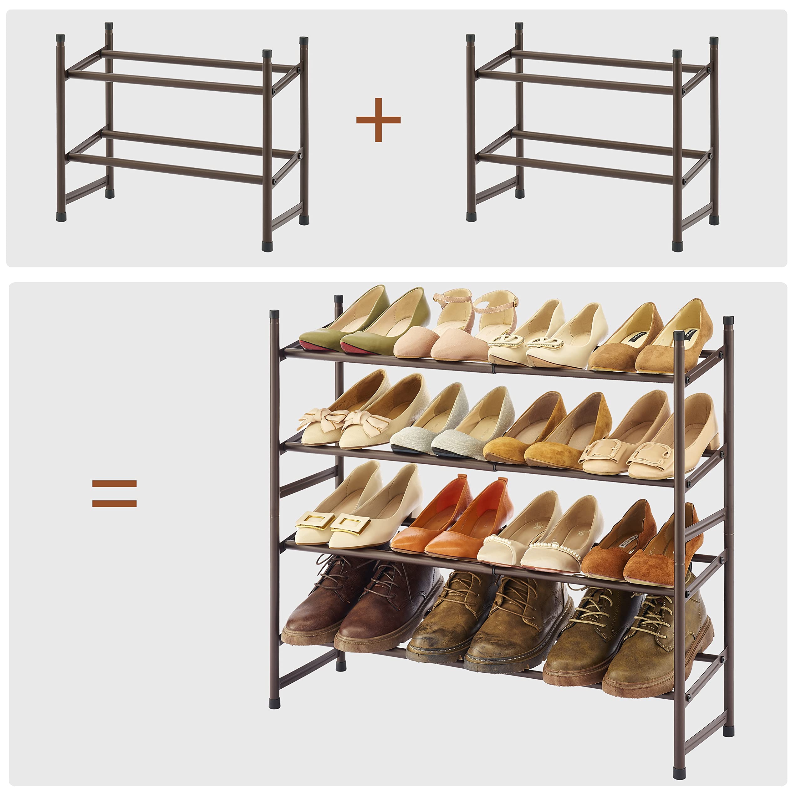Tajsoon 2-Tier Stackable Shoe Rack Organizer, Expandable & Adjustable Metal Iron Shoes Storage for Entryway Doorway, Bronze