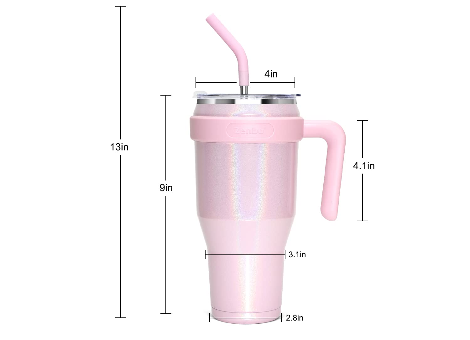 Zenbo 40 oz Glitter Tumbler with Handle, Leak-Proof Lid & Straw - Stainless Steel Insulated Cup, Keeps Cold for 34 Hrs, Car Cup Holder Compatible, Dishwasher Safe, BPA Free